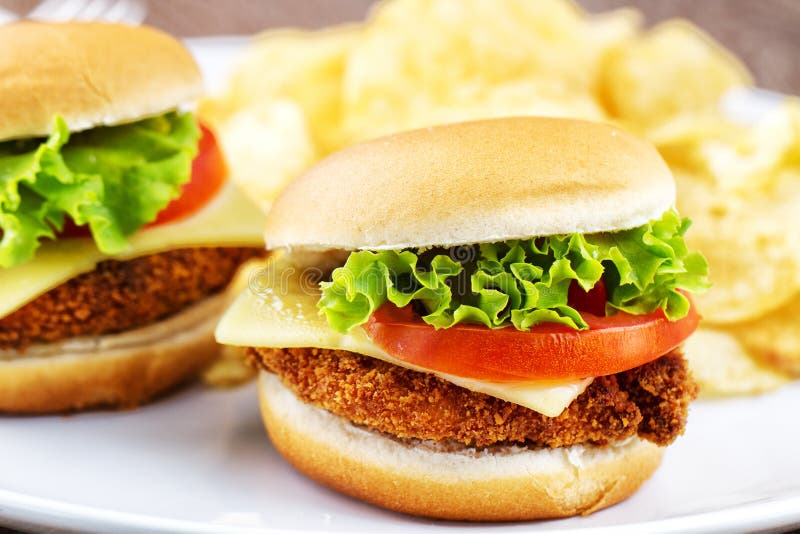 Mini Crispy Chicken Burger with Lettuce Tomato and Cheese. Stock Photo ...