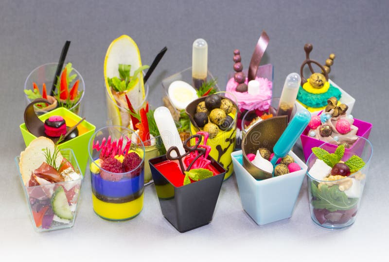Mini Desserts and Meat Canapes Vegetable Stock Photo - Image of ...