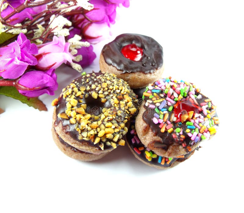 Mini Doughnuts with Chocolate on White Background Stock Image - Image ...
