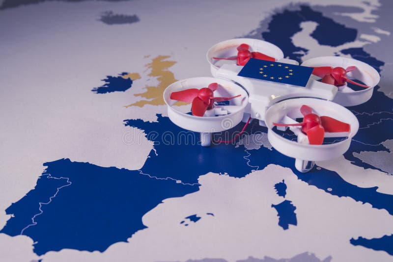 Mini Drone Flying Over a EU Map. European Rules for Drone Aerial ...