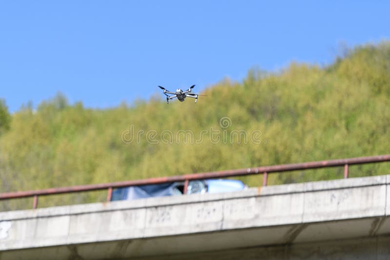 Mini Drone Flying Over Forest, Sky and Bridge Stock Image - Image of ...