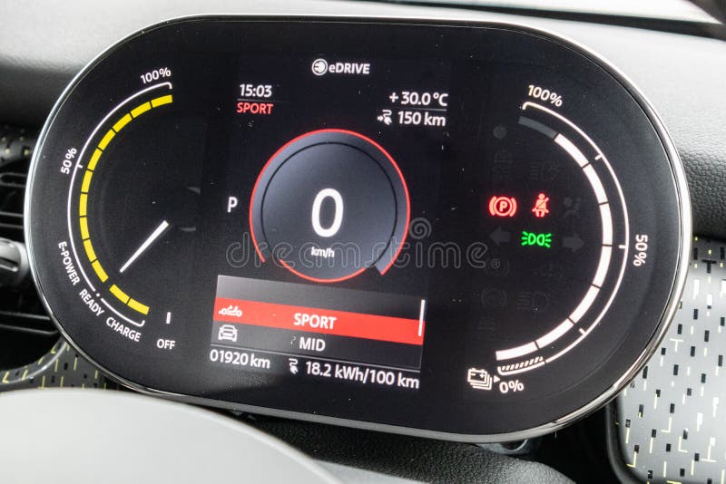 Mini E Electric Car Front Interior Dashboard Inside Leather Seats of ...