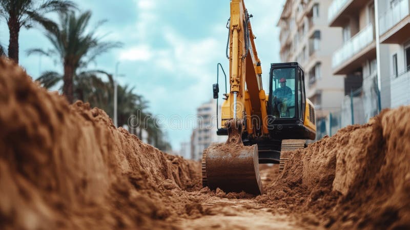 Mini Excavator Digging a Narrow Trench Alongside a Building Wall at a ...
