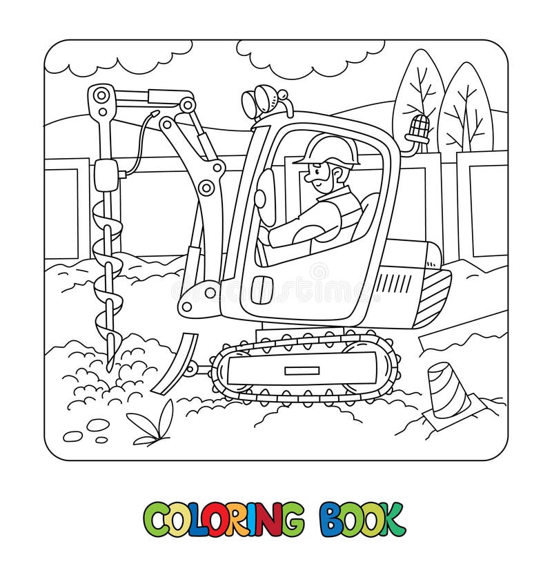 Mini Excavator with Drill and Driver Coloring Book Stock Vector ...