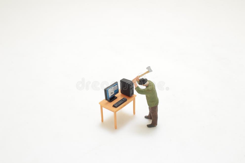 The Mini of Figure Breaking Computer with Axe Stock Photo - Image of ...