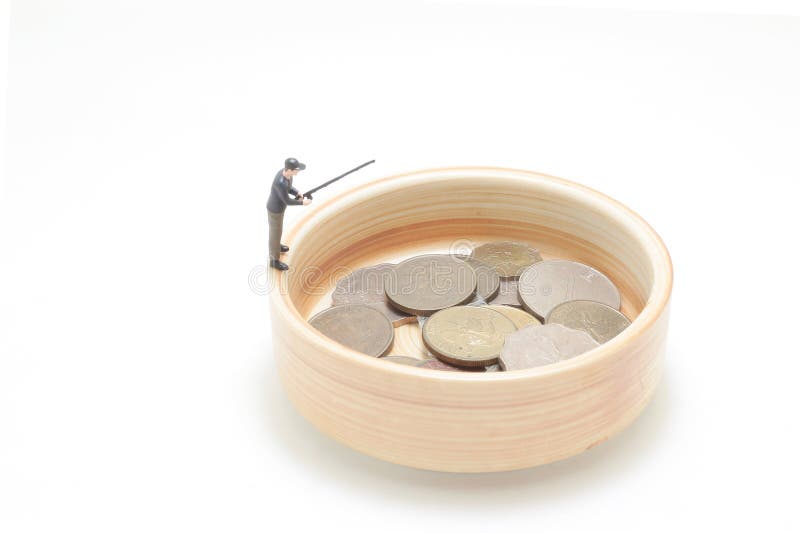 Mini Figure on Coins Stack and Catching Coins Stock Photo - Image of ...