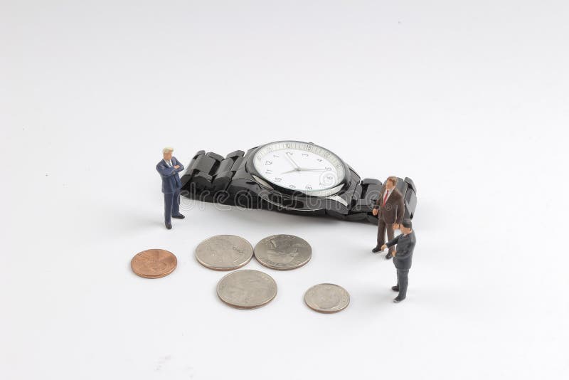 Mini Figure Stack of Coins and Watch Stock Photo - Image of timing ...