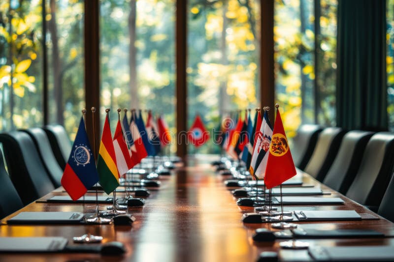 Mini Flags of Multiple Countries Arranged on a Negotiation Table in a ...
