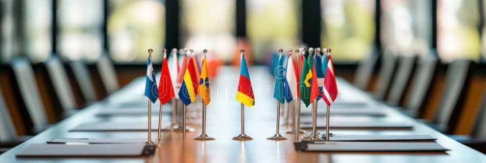 Mini Flags of Various Countries Arranged on a Negotiation Table Create ...
