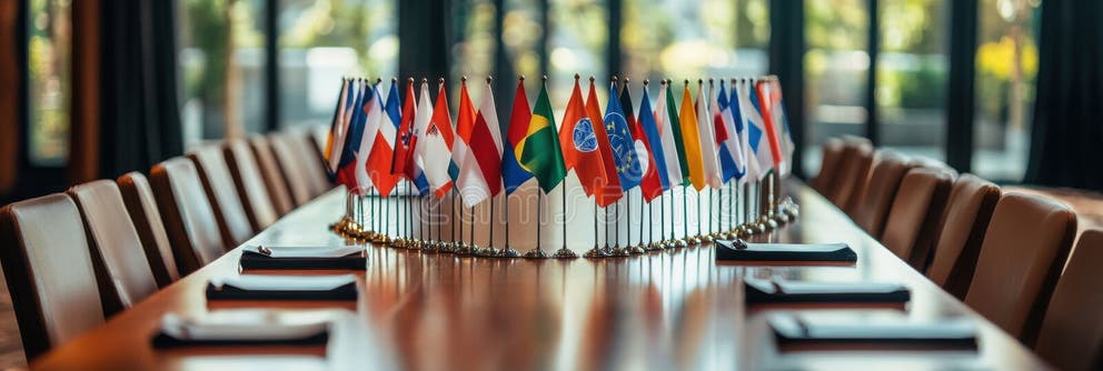 Mini Flags of Various Countries Arranged on a Negotiation Table for ...