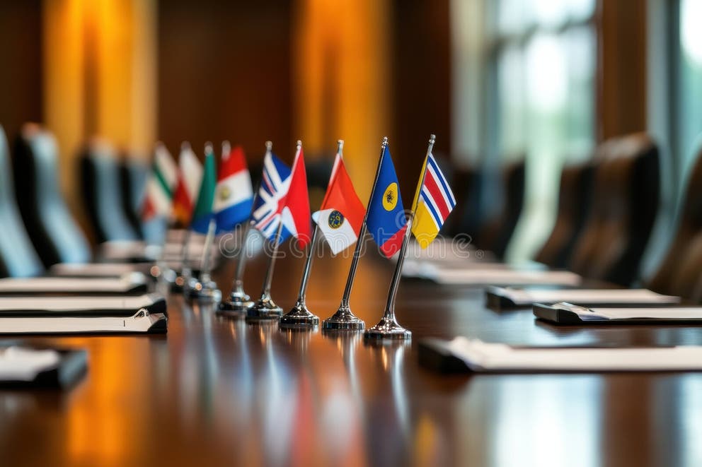 Mini Flags of Various Countries Arranged on a Negotiation Table for ...