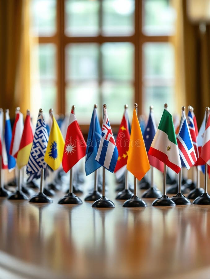 Mini Flags of Various Countries Arranged Symmetrically on a Negotiation ...
