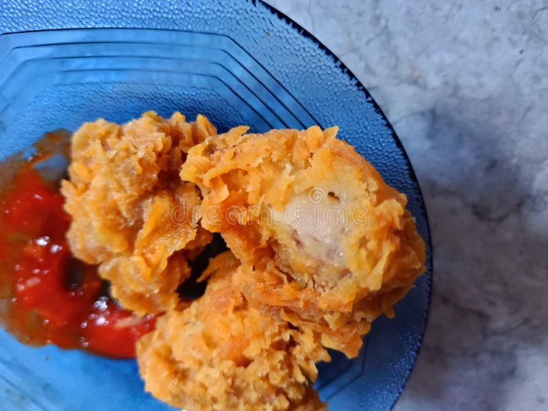 Mini Flour Fried Chicken with Chili Sauce on a Pretty Plate Stock Image ...
