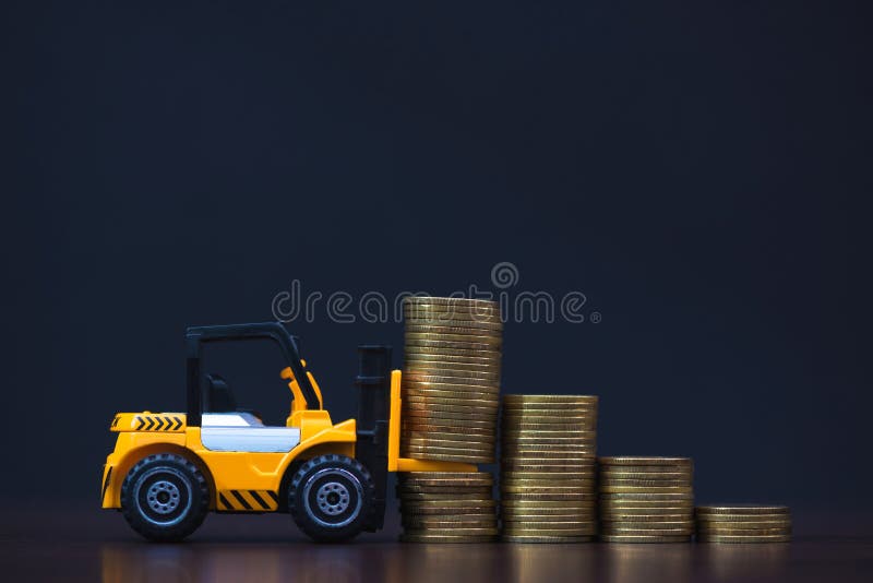 Mini Forklift Truck Loading Stack Coin with Steps of Gold Coin I Stock ...