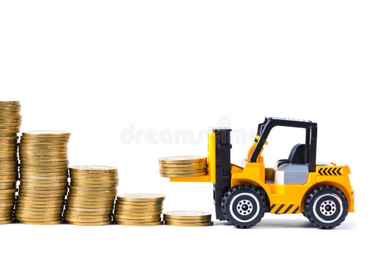 Mini Forklift Truck Loading Stack Coin with Steps of Gold Coin, Stock ...