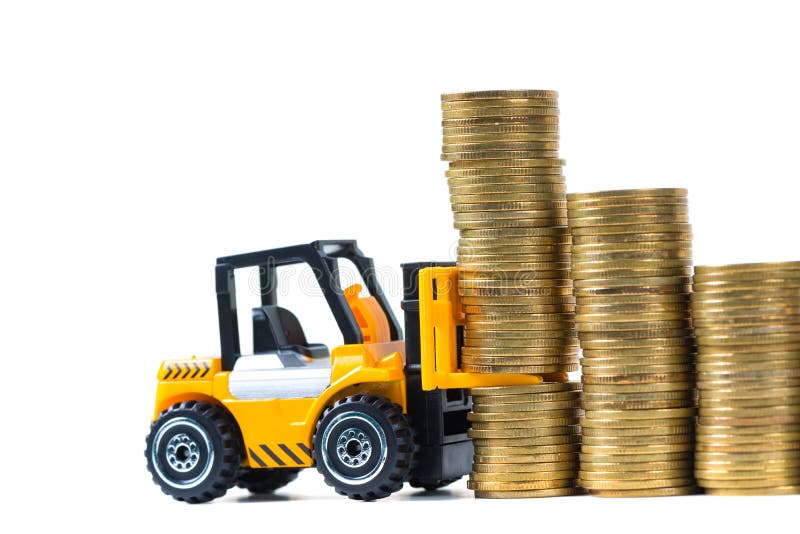 Mini Forklift Truck Loading Stack Coin with Steps of Gold Coin, Stock ...