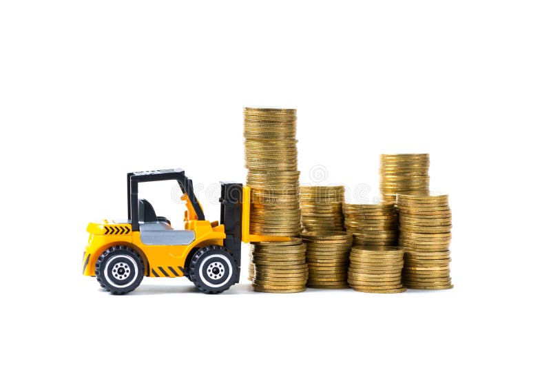 Mini Forklift Truck Loading Stack Coin with Steps of Gold Coin, Stock ...