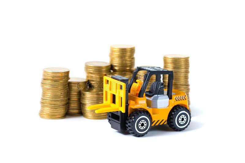 Mini Forklift Truck Loading Stack Coin with Steps of Gold Coin, Stock ...