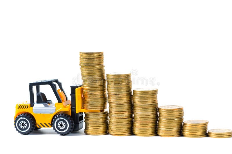 Mini Forklift Truck Loading Stack Coin with Steps of Gold Coin, Stock ...