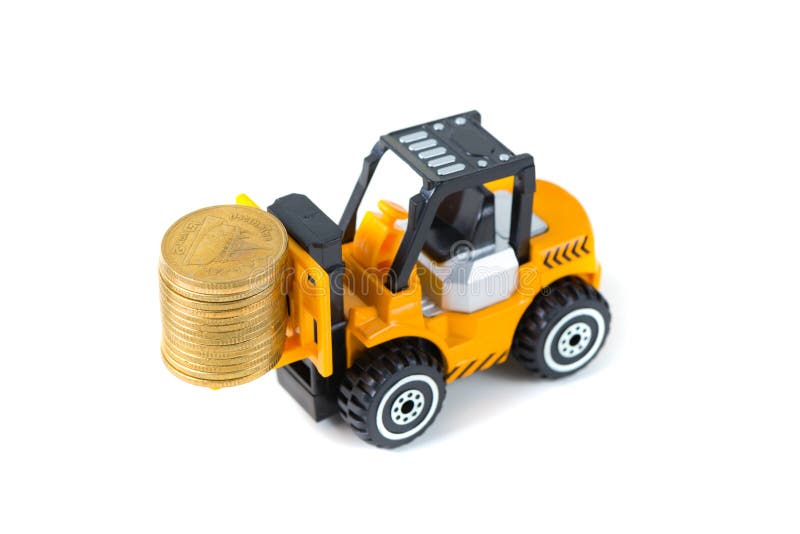 Mini Forklift Truck Loading Stack Coin with Steps of Gold Coin, Stock ...