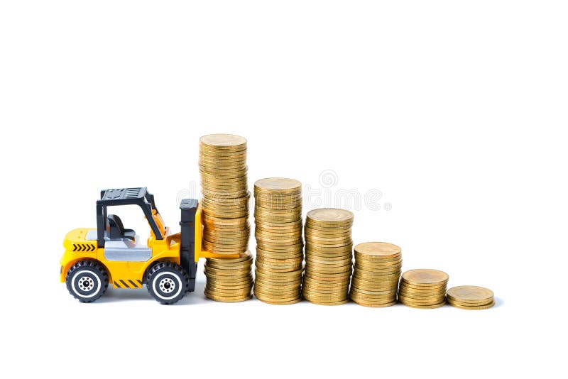 Mini Forklift Truck Loading Stack Coin with Steps of Gold Coin, Stock ...
