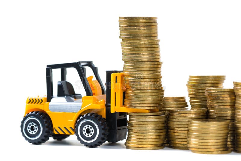 Mini Forklift Truck Loading Stack Coin with Steps of Gold Coin, Stock ...