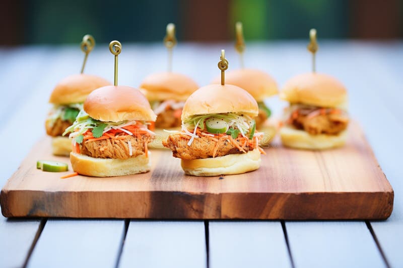 Mini Fried Chicken Sliders on a Wooden Serving Board Stock Image ...