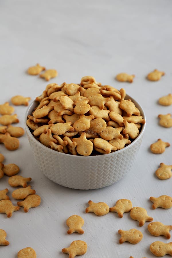 Mini Goldfish Crackers with Sea Salt in a Bowl, Side View Stock Photo ...