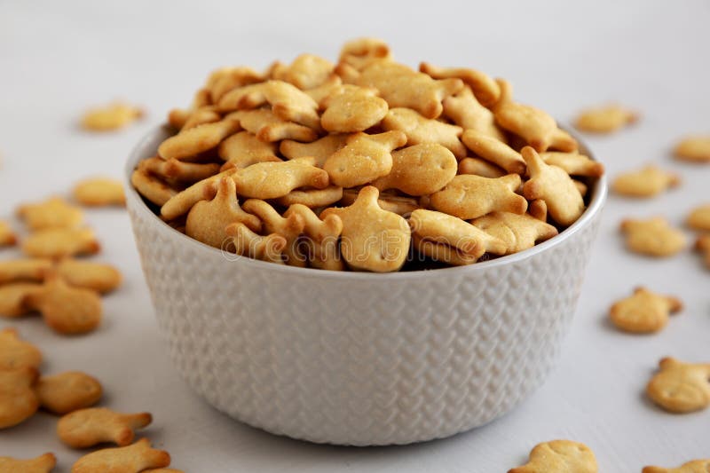 Mini Goldfish Crackers with Sea Salt in a Bowl, Side View Stock Photo ...