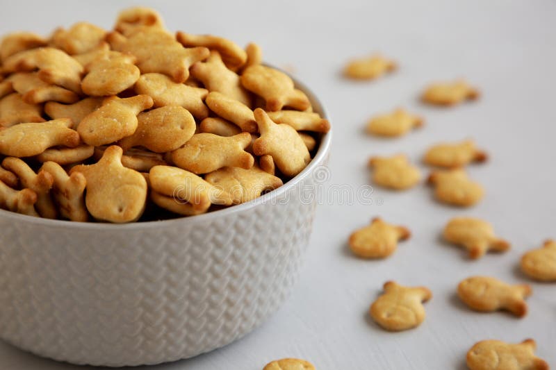 Mini Goldfish Crackers with Sea Salt in a Bowl, Side View Stock Photo ...