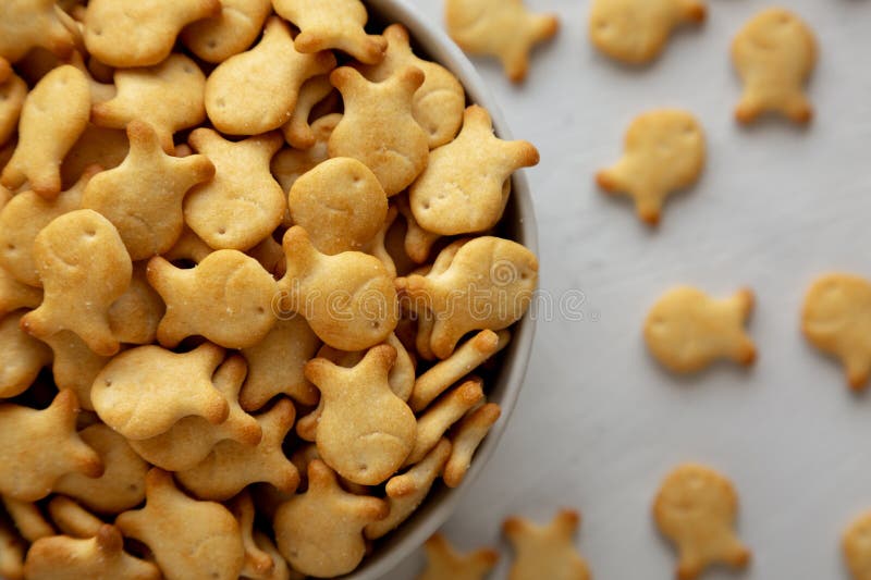 Mini Goldfish Crackers with Sea Salt in a Bowl, Top View Stock Photo ...