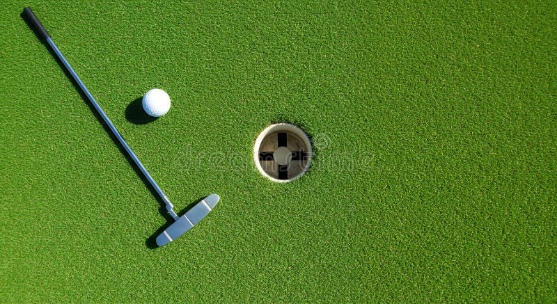 Mini Golf Putting Green Scene: Close-Up of Putter, Ball, and Hole Stock ...