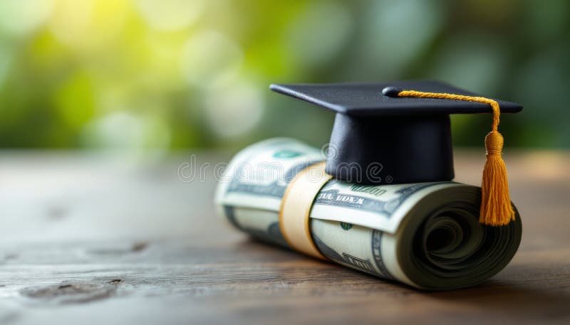 Mini Graduation Cap Placed on a Rolled Stack of Money, Symbol of ...