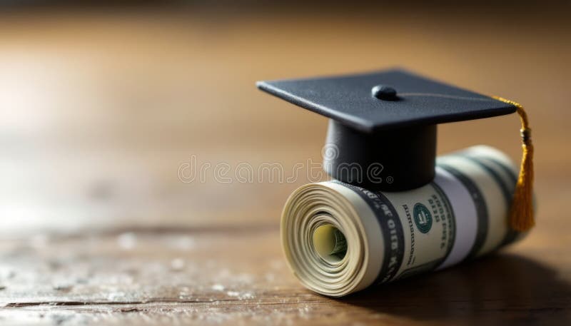 Mini Graduation Cap Placed on a Rolled Stack of Money, Symbol of ...