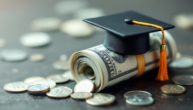 Mini Graduation Cap Placed on a Rolled Stack of Money, Symbol of ...