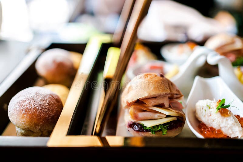 Mini Hamburger with Bun, Sliced Ham, Cheese, Lettuce and Raspberry Jam ...