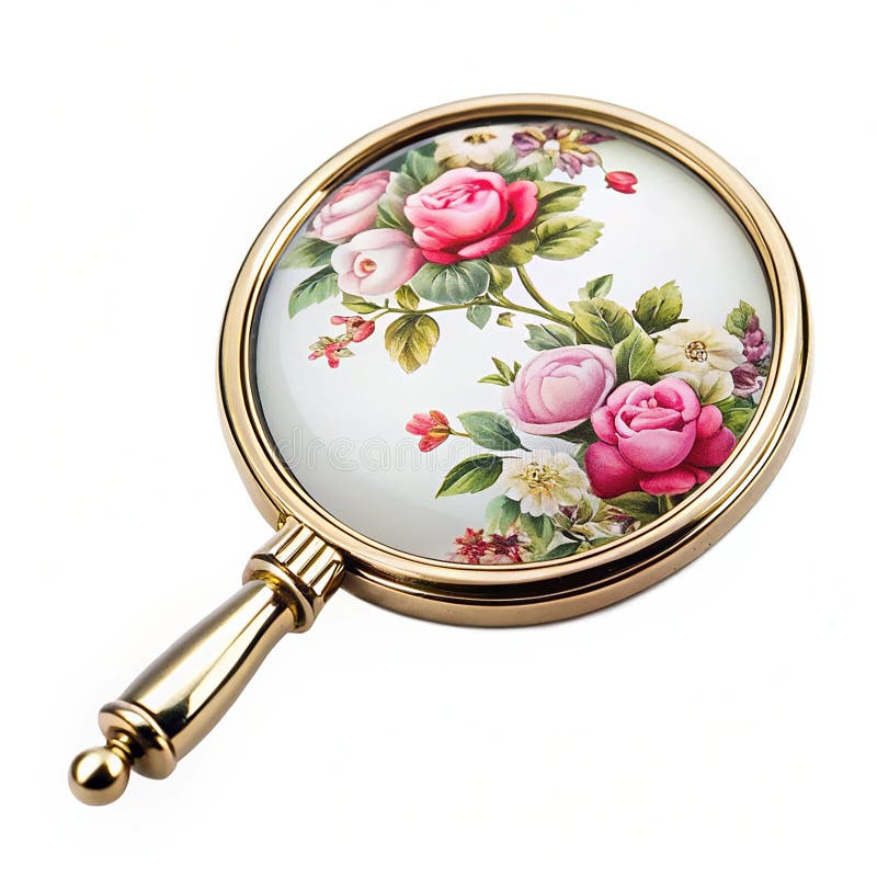 Mini Handheld Mirror with Floral Design on White Background Stock ...