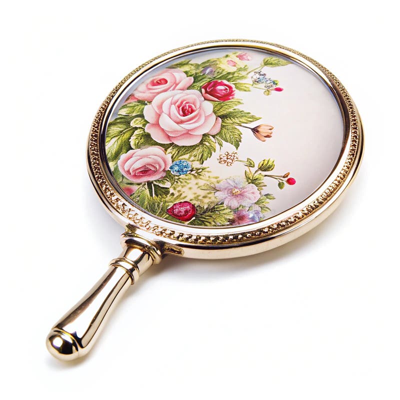Mini Handheld Mirror with Floral Design on White Background Stock ...