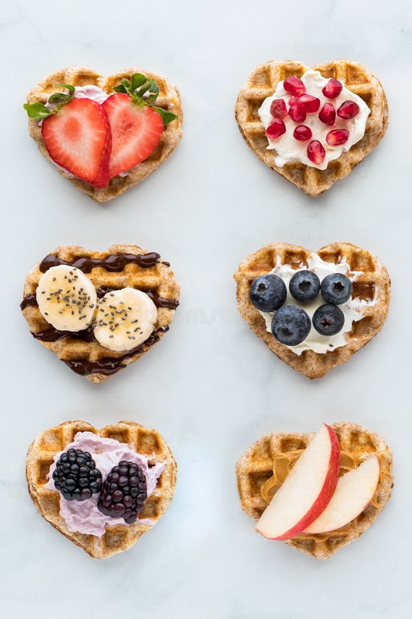 Mini Heart Shaped Waffles Topped with Various Spreads and Fruit. Stock ...