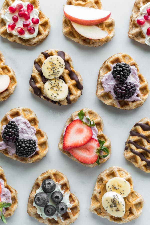 Mini Heart Shaped Waffles with Various Toppings of Spreads and Fruit ...