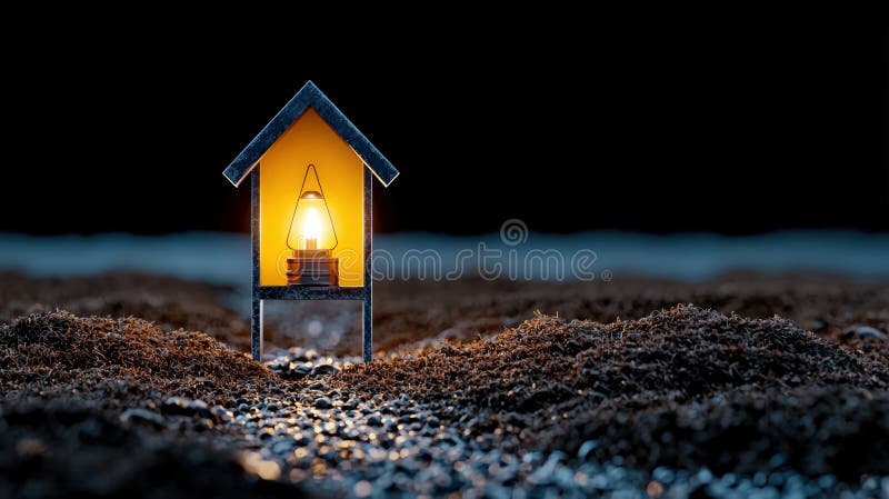 Mini House Model with a Lantern Glowing in a Dark Landscape Stock ...