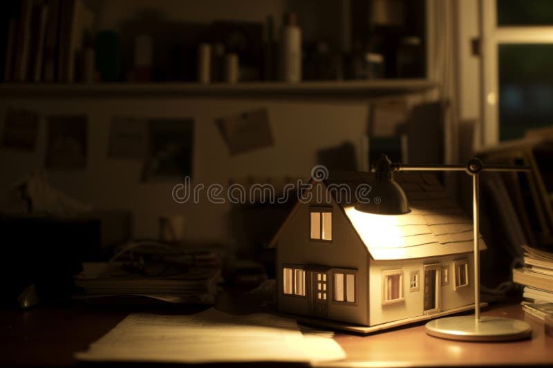 Mini House Model Lit by a Desk Lamp in a Dim Office Stock Photo - Image ...