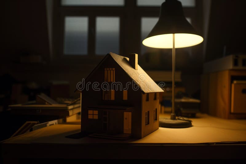Mini House Model Lit by a Desk Lamp in a Dim Office Stock Image - Image ...