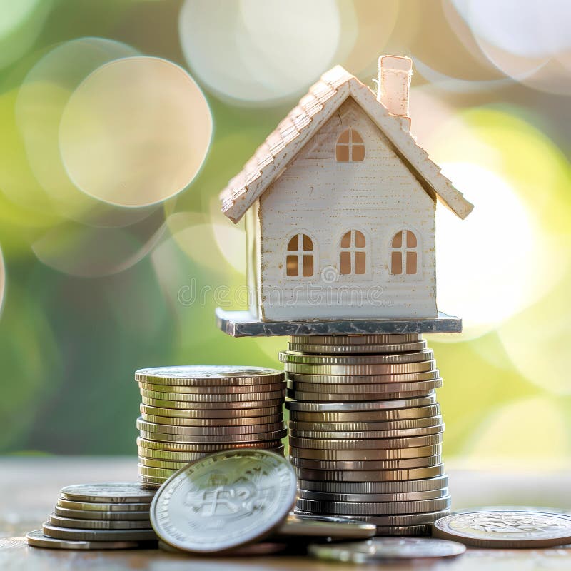 Mini House on Top Growth of Stack of Coins. a House Miniature on Top of ...