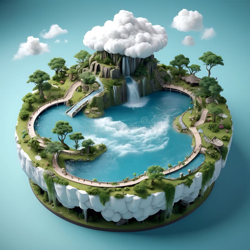 Mini Island Paradise with Waterfall and Cloud Stock Illustration ...