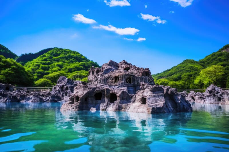 Mini Island of Rocks in the Middle of Hot Spring Stock Illustration ...