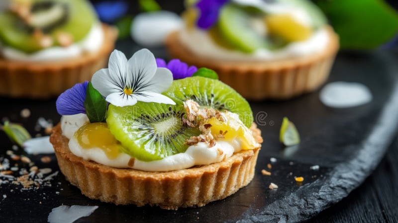 Mini Kiwi Tartlets with Cream and Edible Flowers Stock Illustration ...