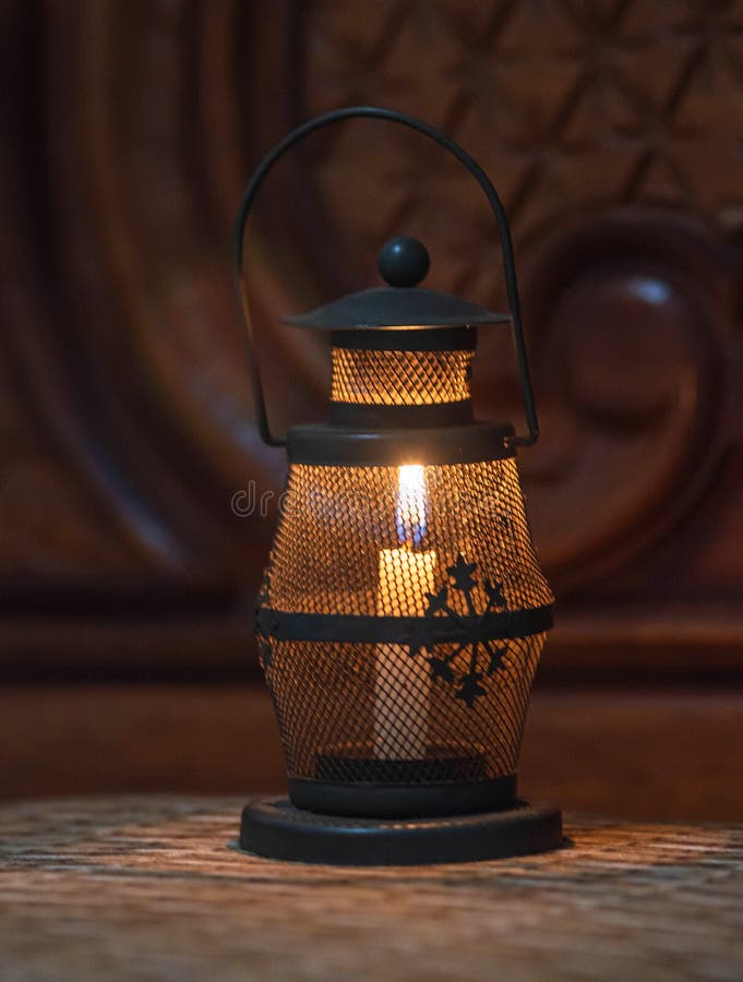 Mini Lamp with Candle in Rustic Furniture Stock Photo - Image of small ...