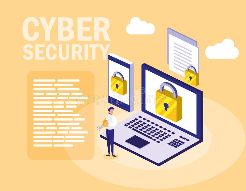 Mini Man with Electronics Devices and Cyber Security Stock Vector ...