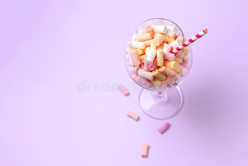 Mini Marshmallows in a Glass on a Blue Background. Copy Space. Close-up ...